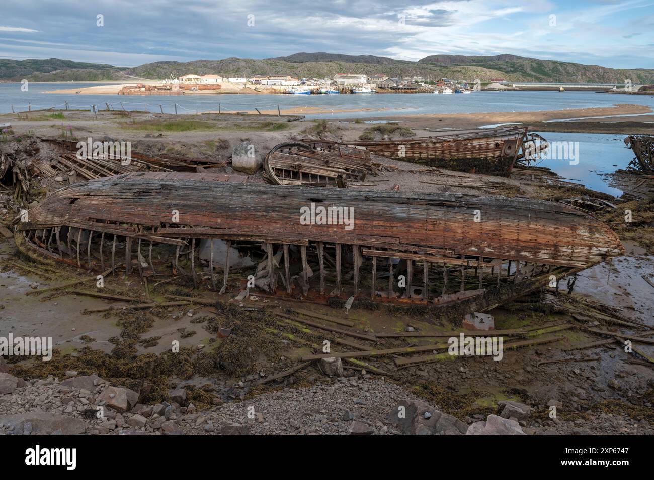 Cemetery of old ships in the Teriberka village. Murmansk region, Russia ...