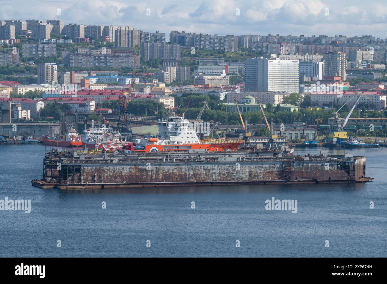 MURMANSK, RUSSIA - JULY 29, 2024: Floating dock in the Kola Bay on a ...