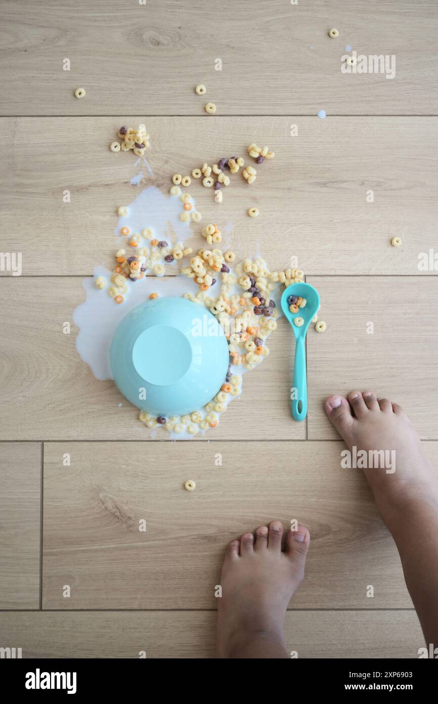 Spilled breakfast cereal on floor Stock Photo - Alamy