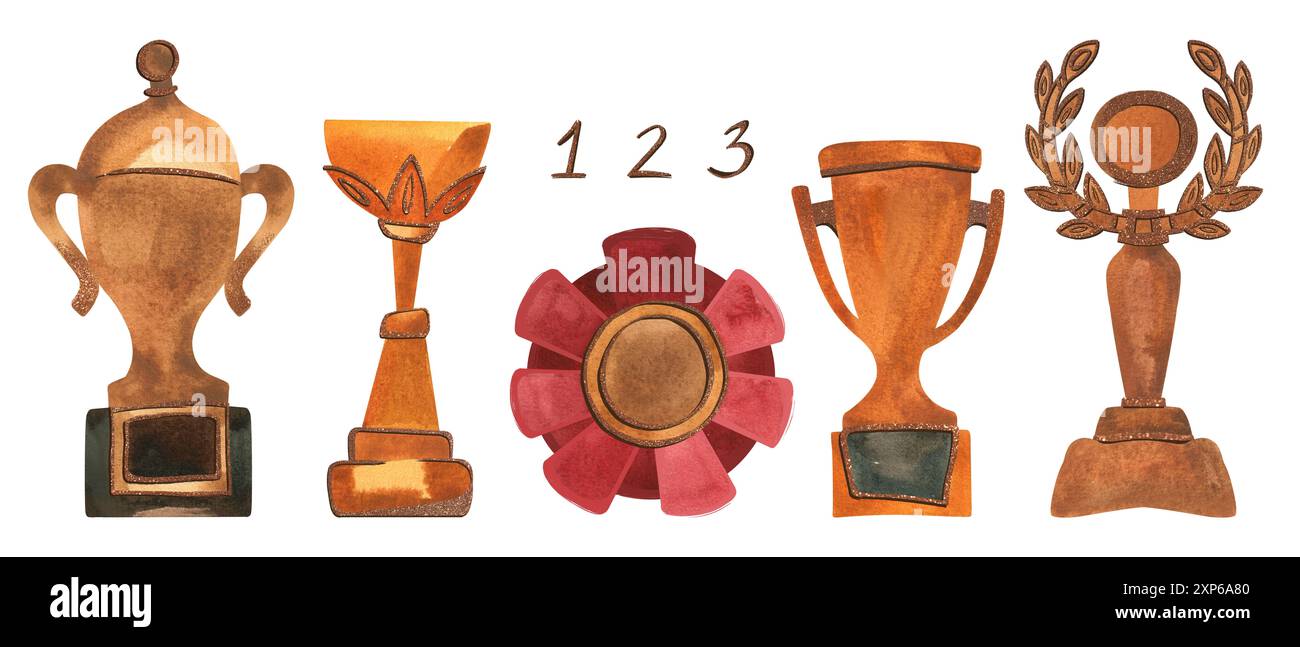 A set of awards for the winner of the competition: cups and medals ...