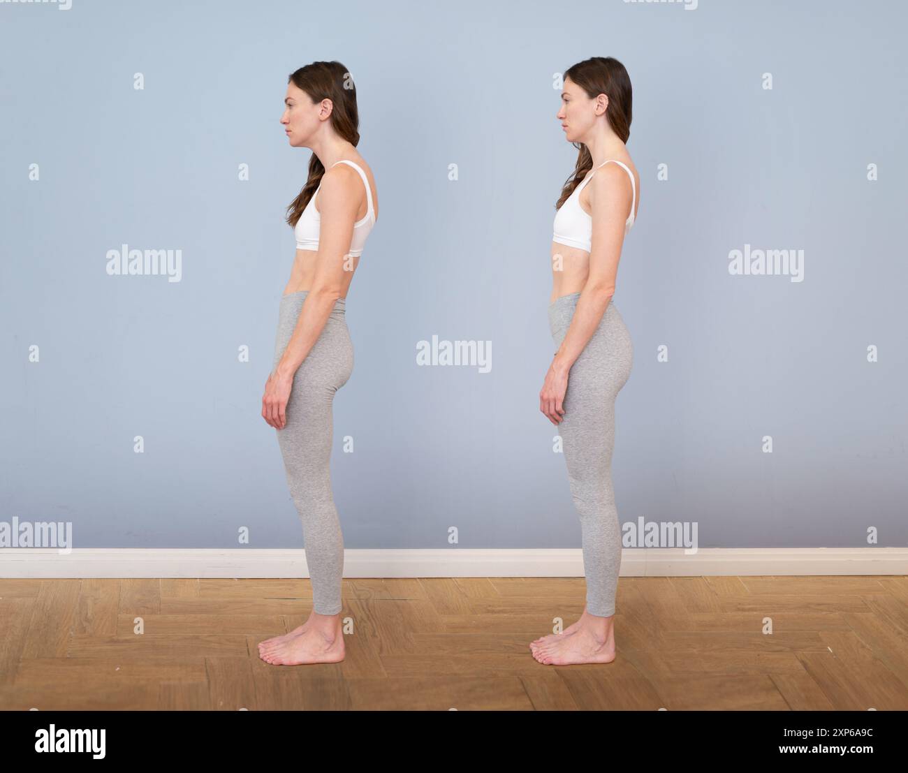 Good posture and bad posture of a woman, side view Stock Photo - Alamy