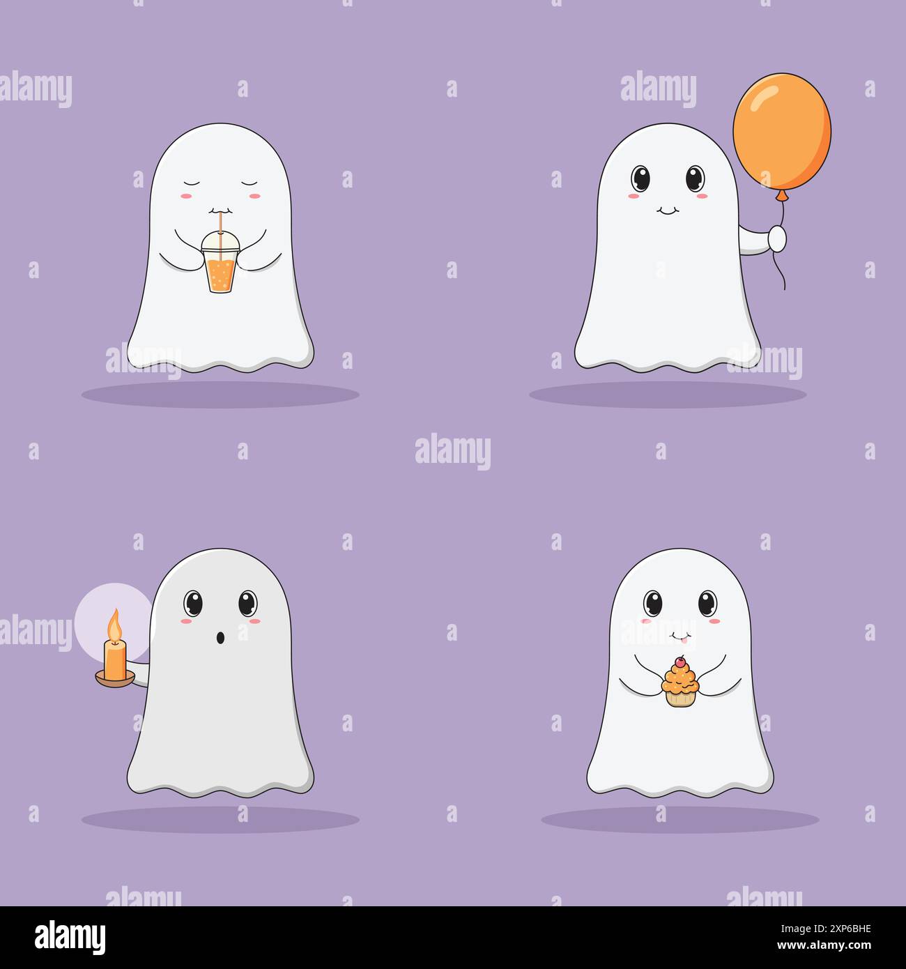 Set of Cute Halloween Ghosts on Purple Background. Cartoon Characters ...