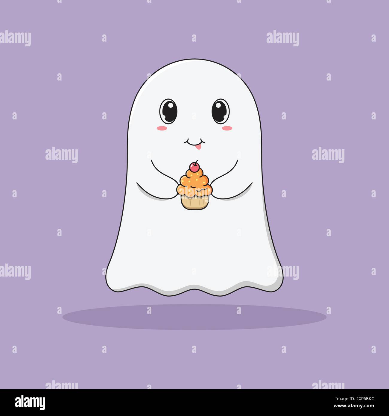 Cute Cartoon Ghost Smiling and Holding a Small Cupcake with Cherry ...