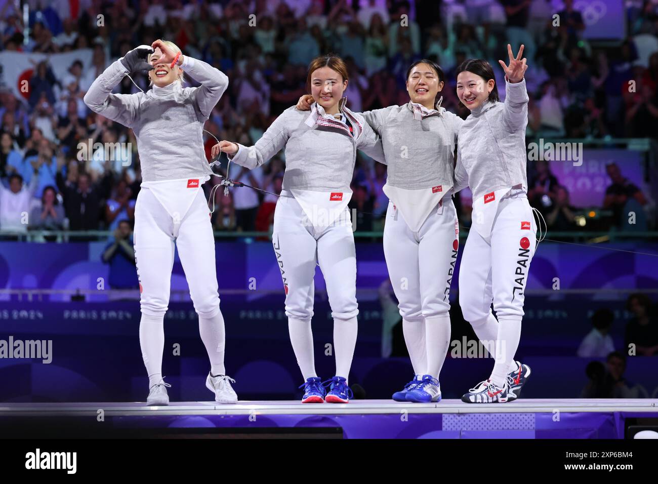Paris, France. 3rd Aug, 2024. (L to R) Misaki Emura, Seri Ozaki, Shihomi Fukushima, Risa ...
