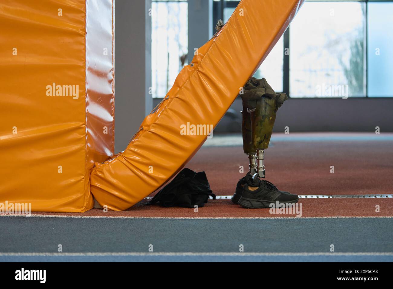 Detached prosthetic legs on a running track. Modern prosthetics for ...