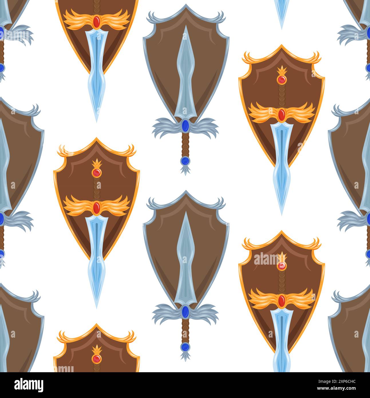 Vector seamless pattern with cartoon swords and shields in a row on a ...