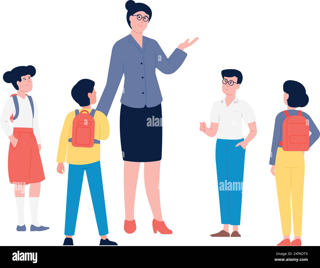 Female teacher and kids. Excursion tour woman character Stock Vector ...