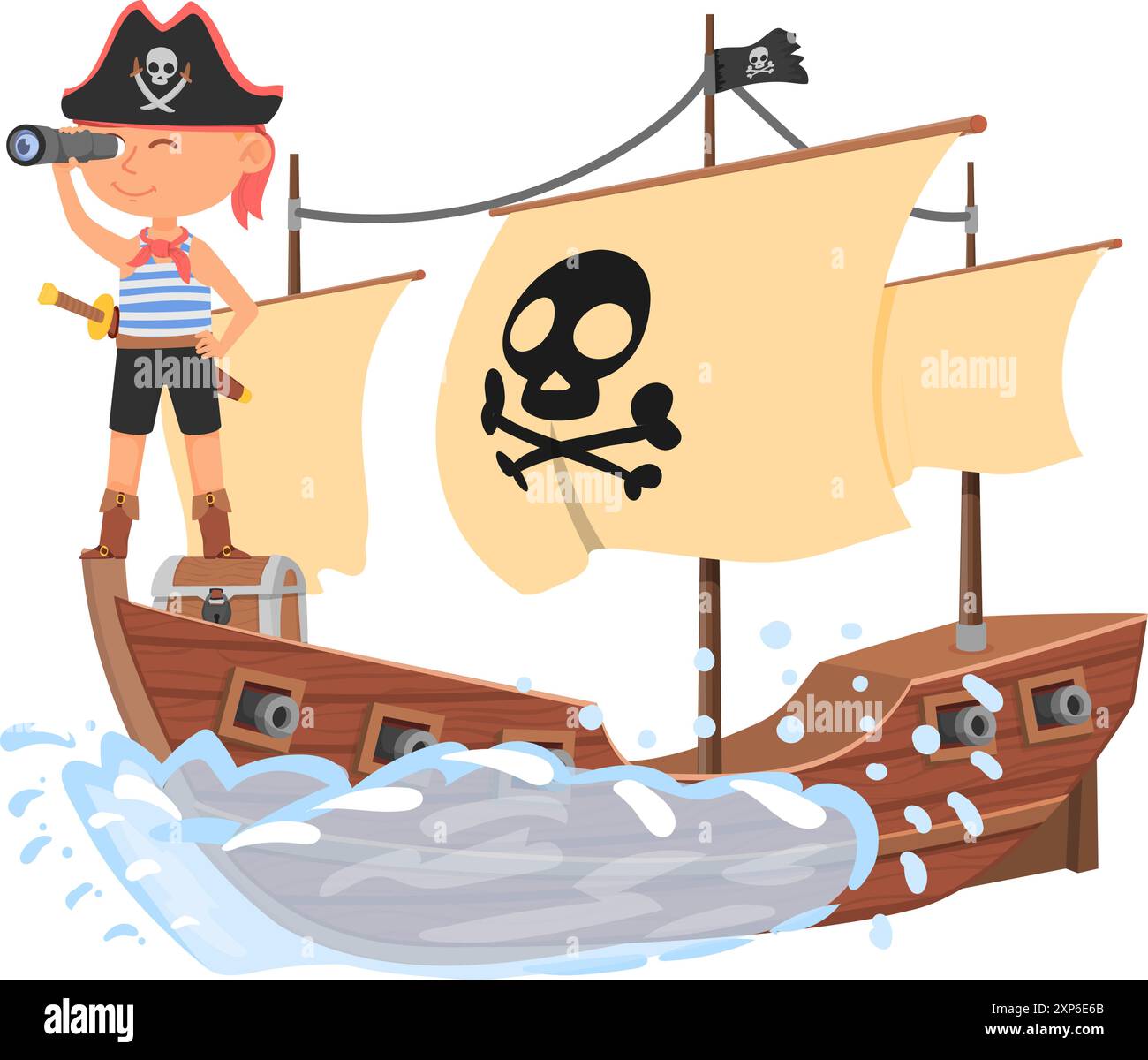 Kid on pirate ship. Happy sailor boy on boat Stock Vector Image & Art ...