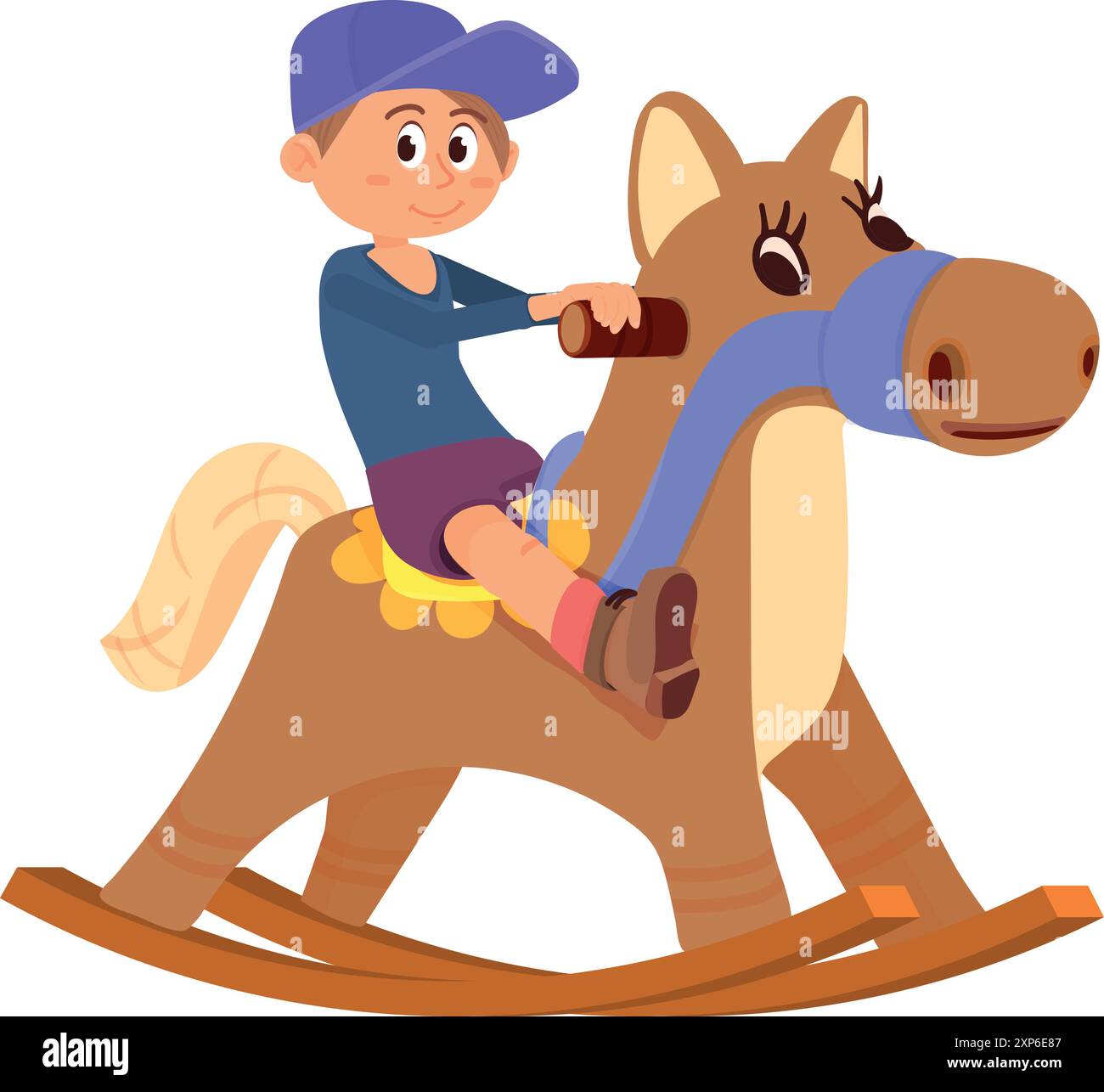 Boy rocking on wooden horse toy. Cartoon kid playing Stock Vector Image ...