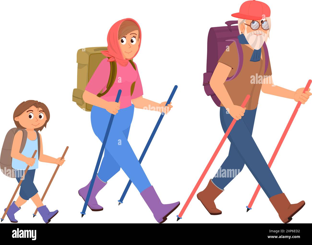 Travelers walking with sticks . Different generations tourist ...