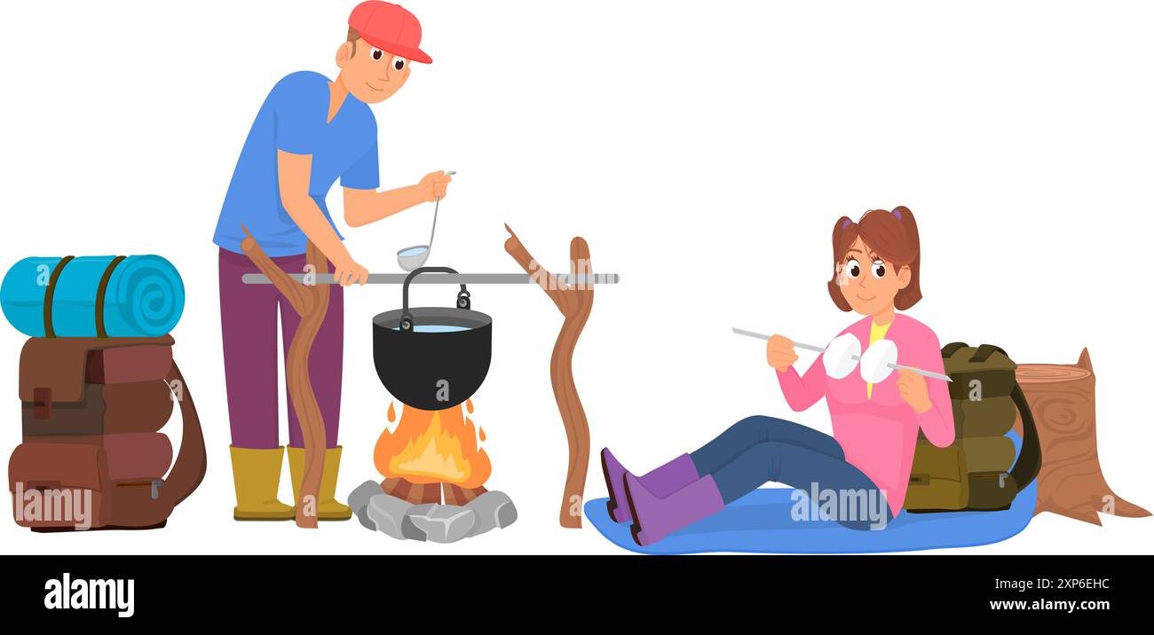 Camping picnic illustration. Man cooking food on fire Stock Vector ...