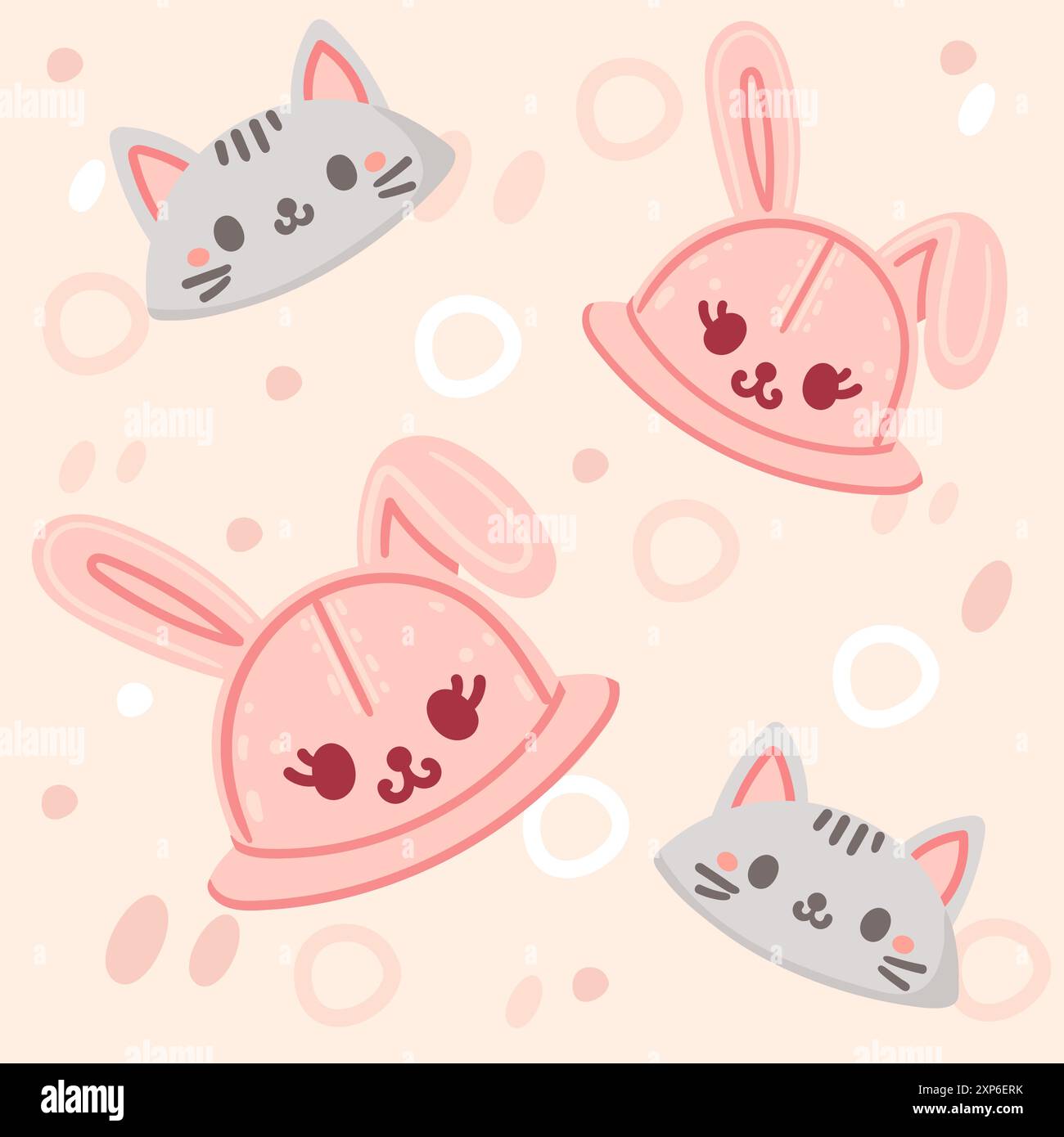 Seamless pattern with bunny ear hats and cat faces. Playful design for ...