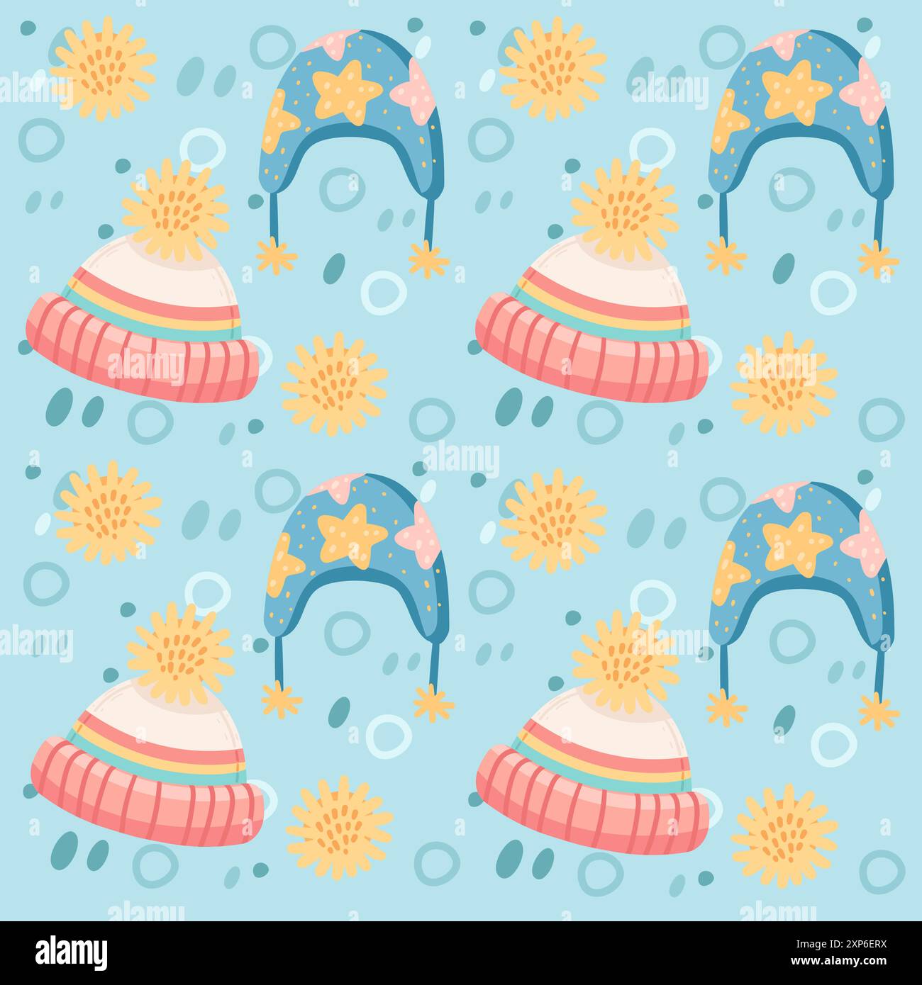 Bright seamless pattern with warm hats with flowers. Playful design for ...