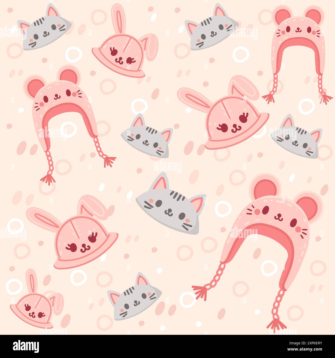 Seamless pattern with bunny ear hats and cat faces. Playful design for ...