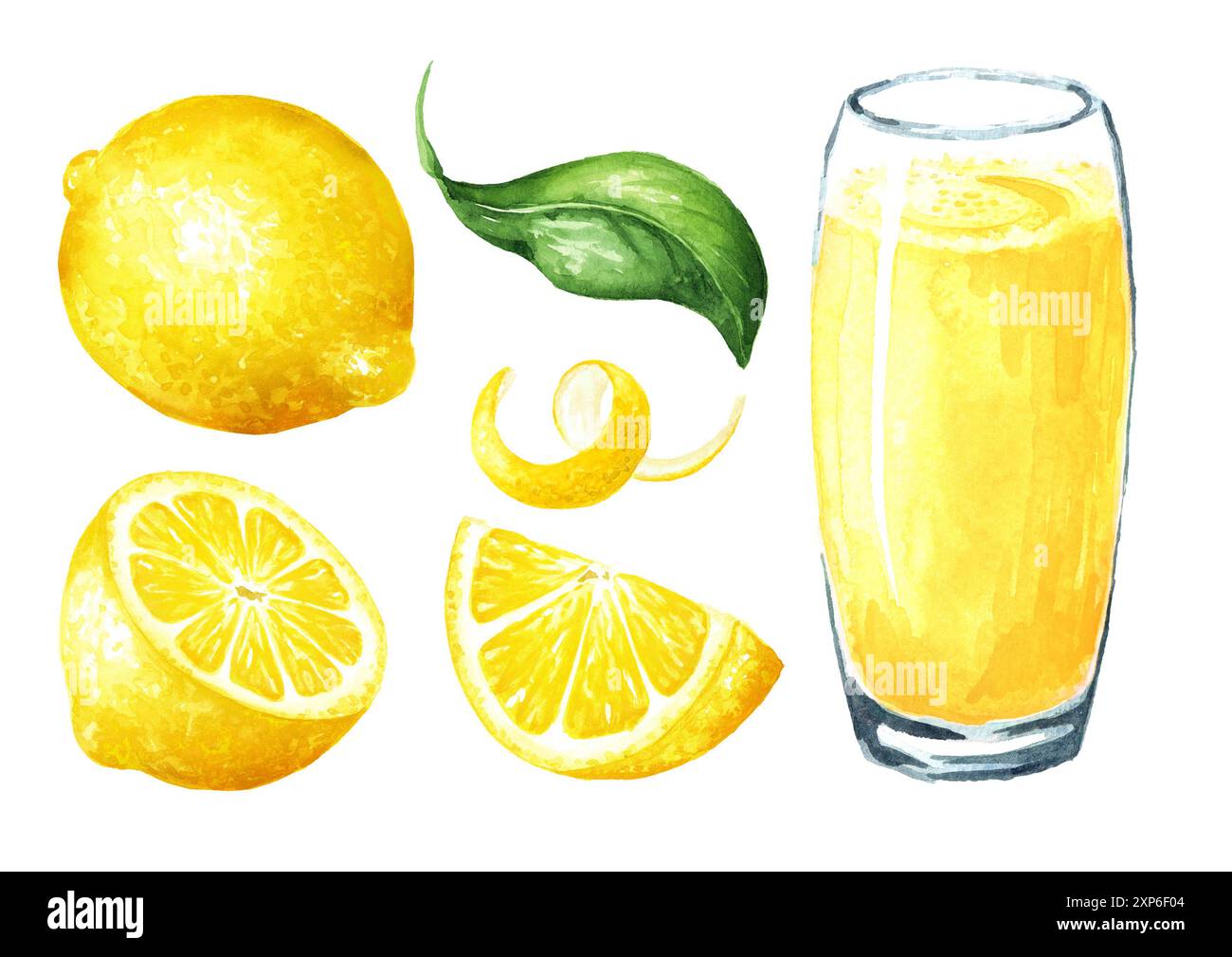 Glass of lemonade, Lemon juice set. Hand drawn watercolor illustration ...