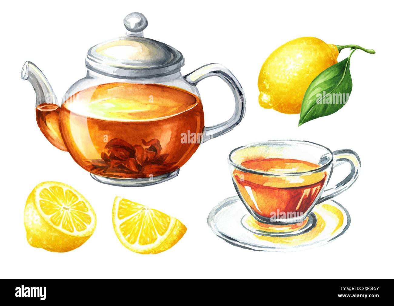 Lemon tea set. Hand drawn watercolor illustration isolated on white ...