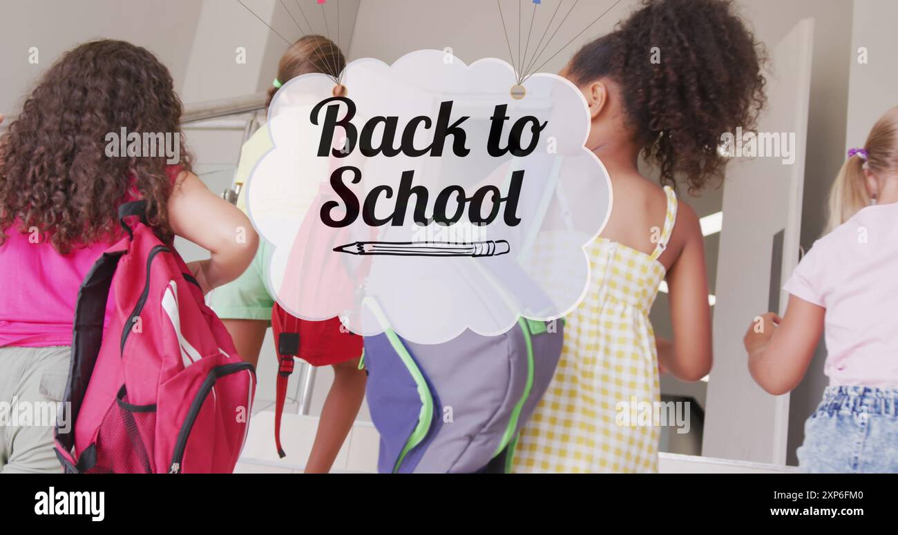 Image of balloons and back to school text over happy diverse school ...