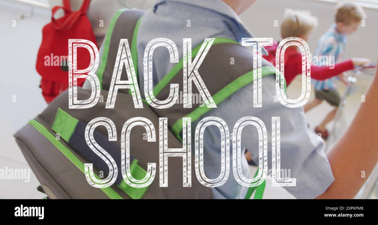 Image of back to school text over happy diverse school kids at school ...