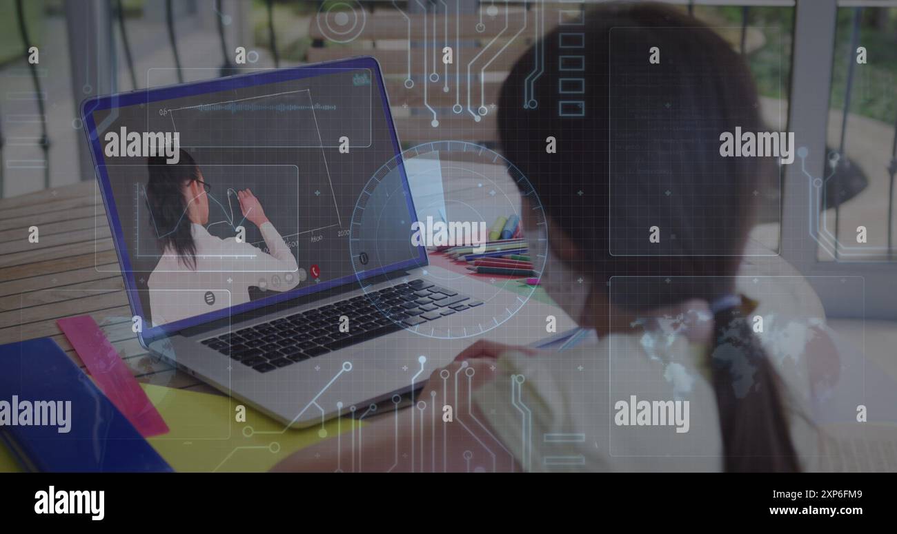 Image of round scanner and microprocessor connections against girl ...