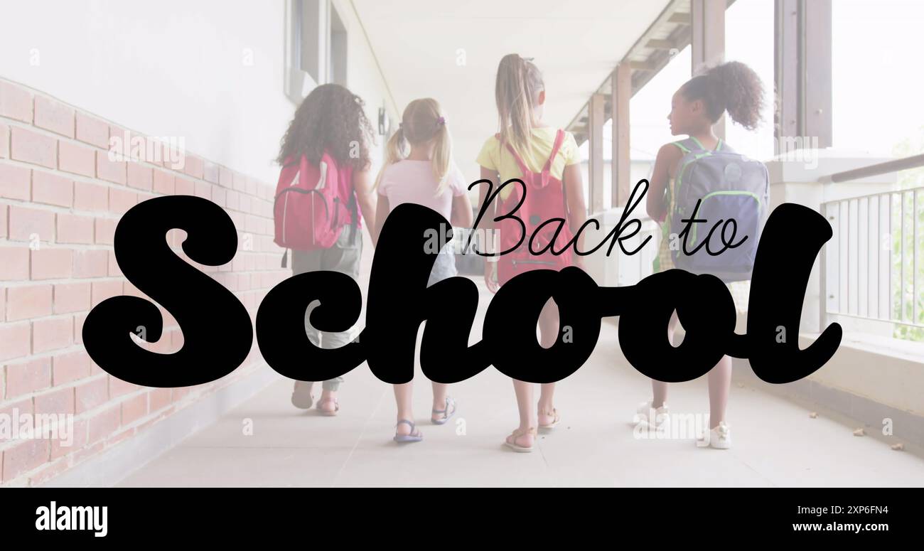 Image of back to school text over happy diverse school kids at school ...