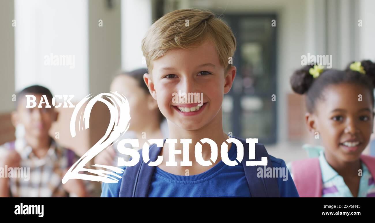 Image of back to school text over happy diverse school kids at school ...