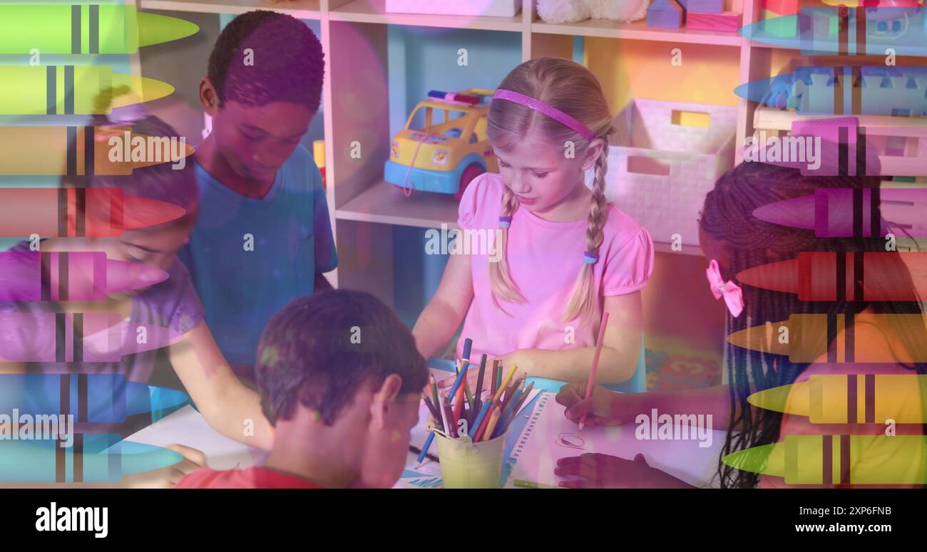 Image of falling school supplies over diverse school kids in class at ...