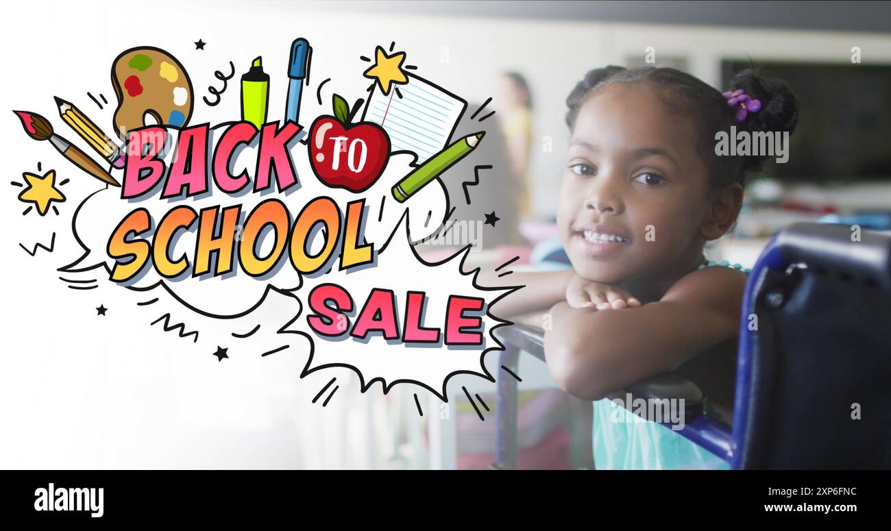 Image of back to school text over happy african american schoolgirl at ...