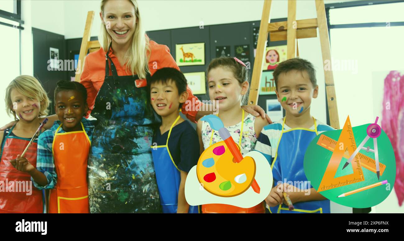 Image of falling school supplies over diverse schoolkids in class at ...