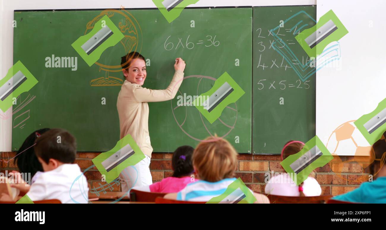 Image of falling school supplies over diverse school kids in class at ...