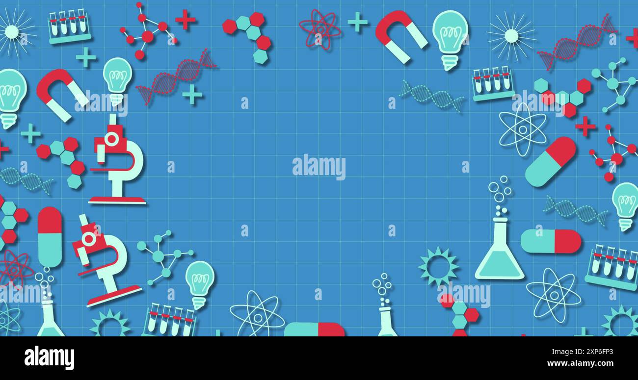 Image of multiple science concept icons against blue background with ...