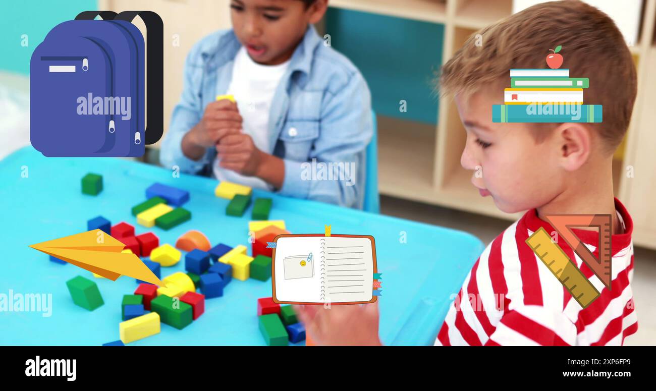 Image of falling school supplies over diverse schoolkids in class at ...