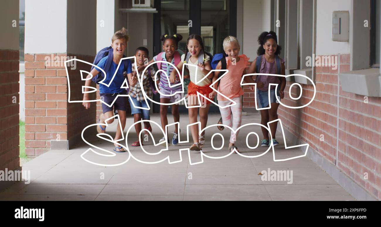 Image of back to school text over happy diverse school kids at school ...