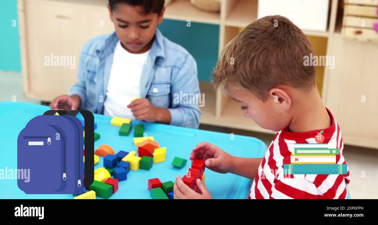Image of falling school supplies over diverse schoolkids in class at ...