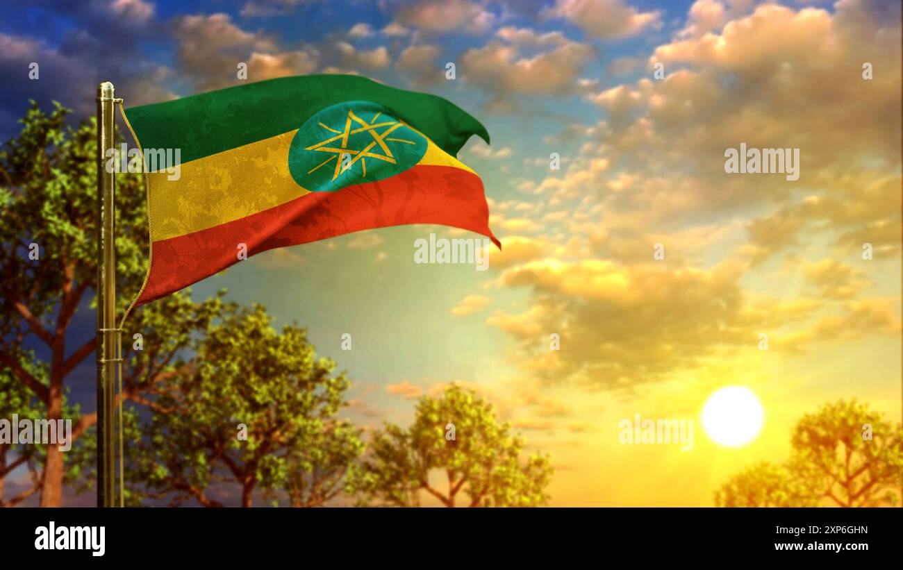 waving flag of Ethiopia at sundown for day of the flag - abstract 3D ...