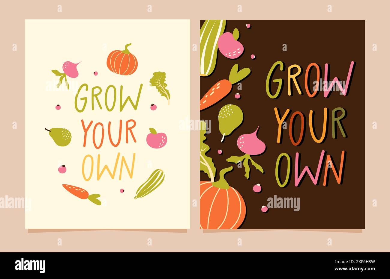 Set of hand drawn posters Grow your own. Design for farmers market ...