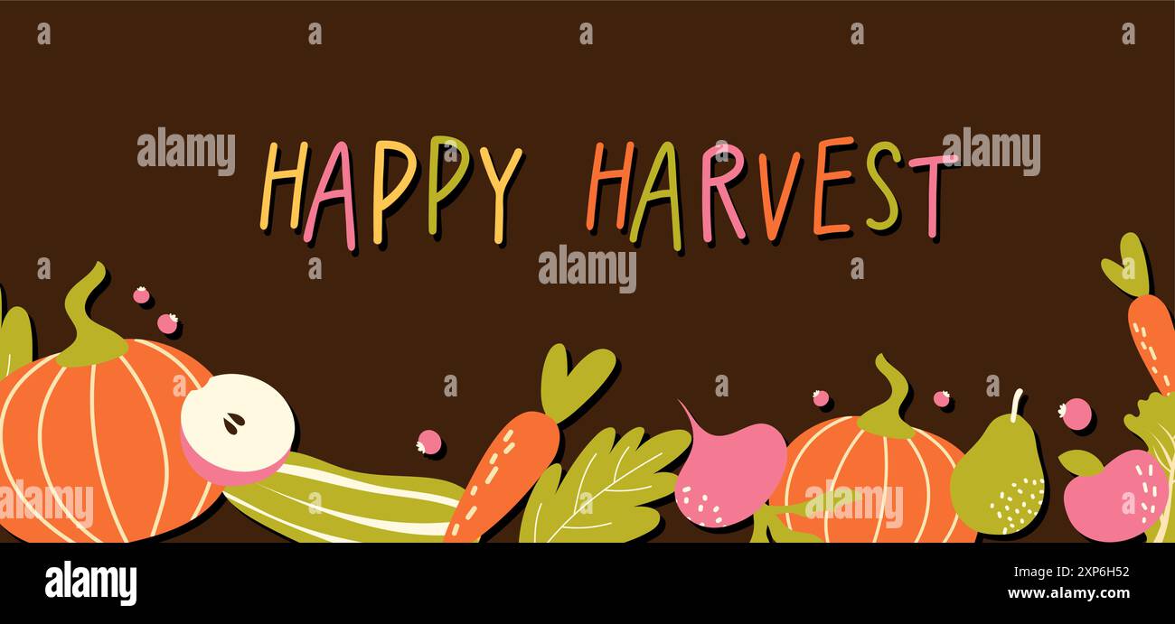 Hand drawn banner Happy harvest. Design for farmers market, local ...