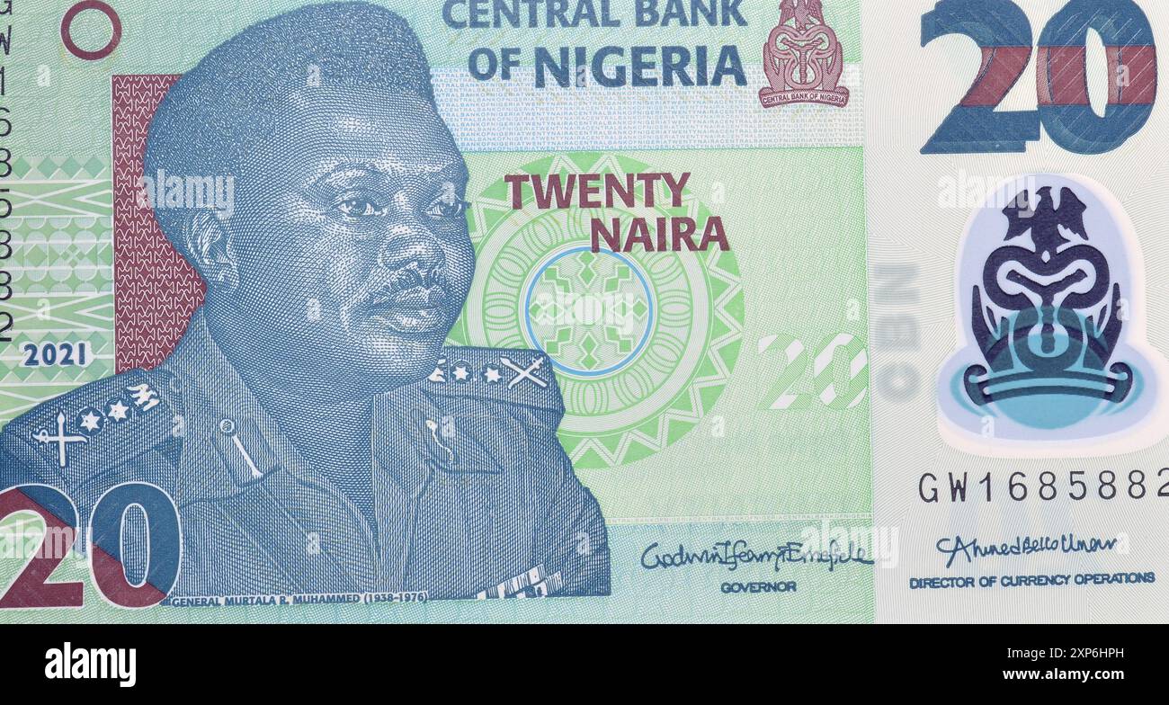 Obverse of 20 Naira banknote printed by Nigeria, that shows General ...