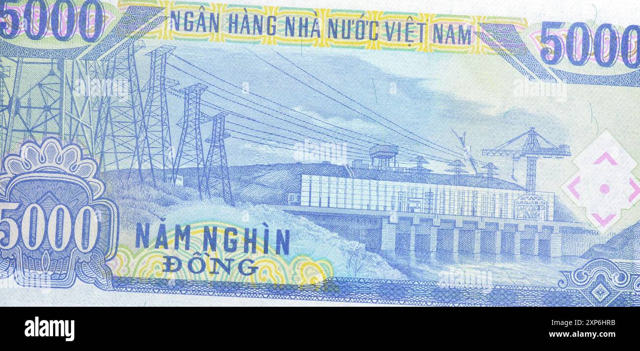 Reverse of 5000 Dong banknote printed by Vietnam, that shows Tri An ...