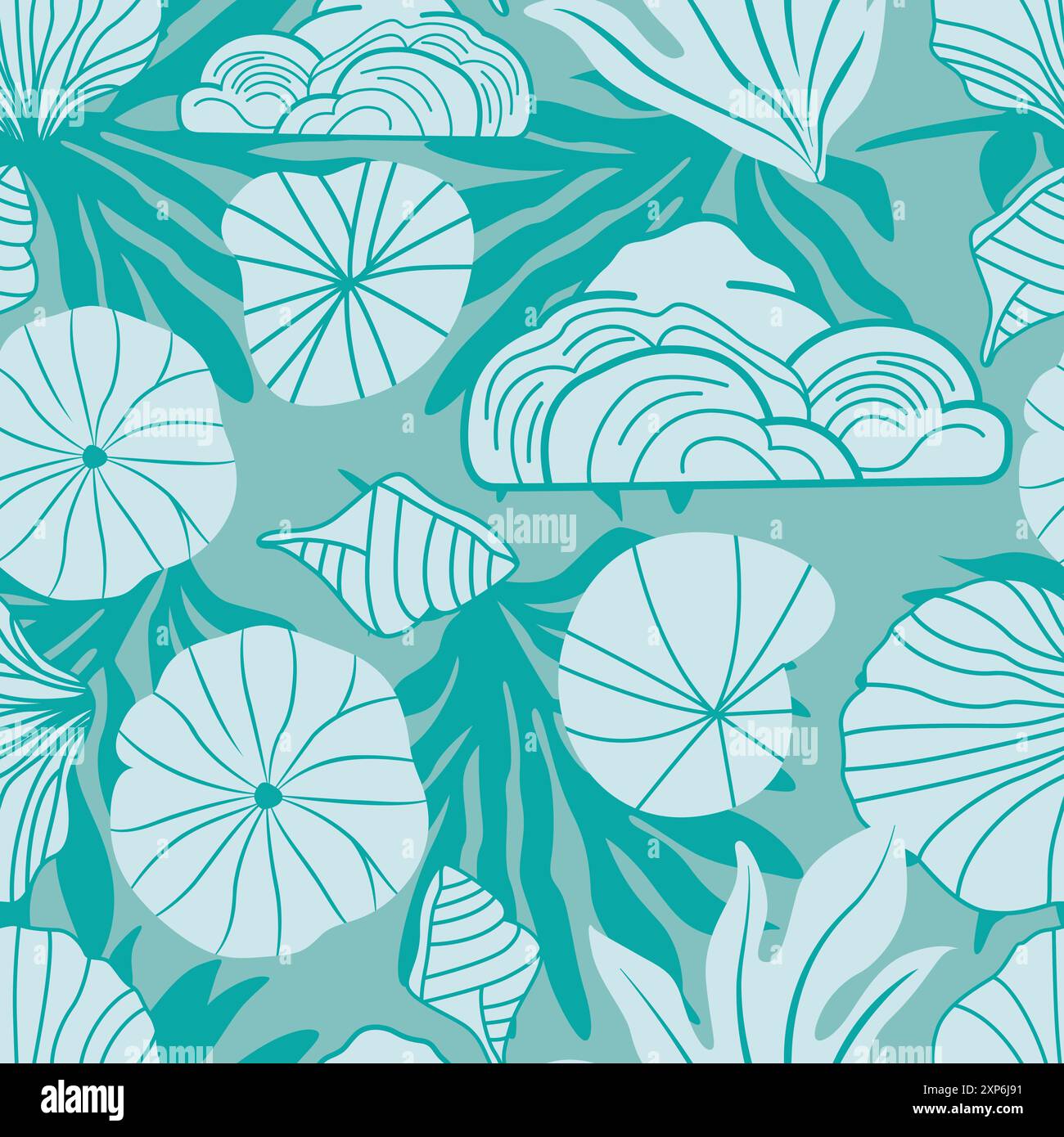 A vibrant vector pattern design featuring marine elements like shells, fish, and waves, perfect ...