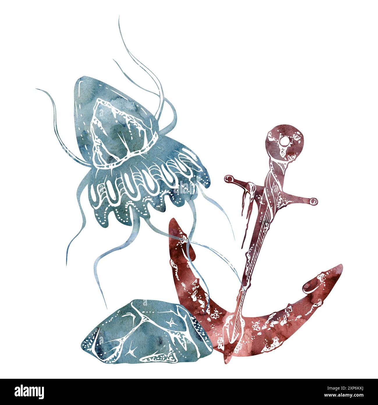 Watercolor and ink hand drawn marine life, sea ocean underwater ...