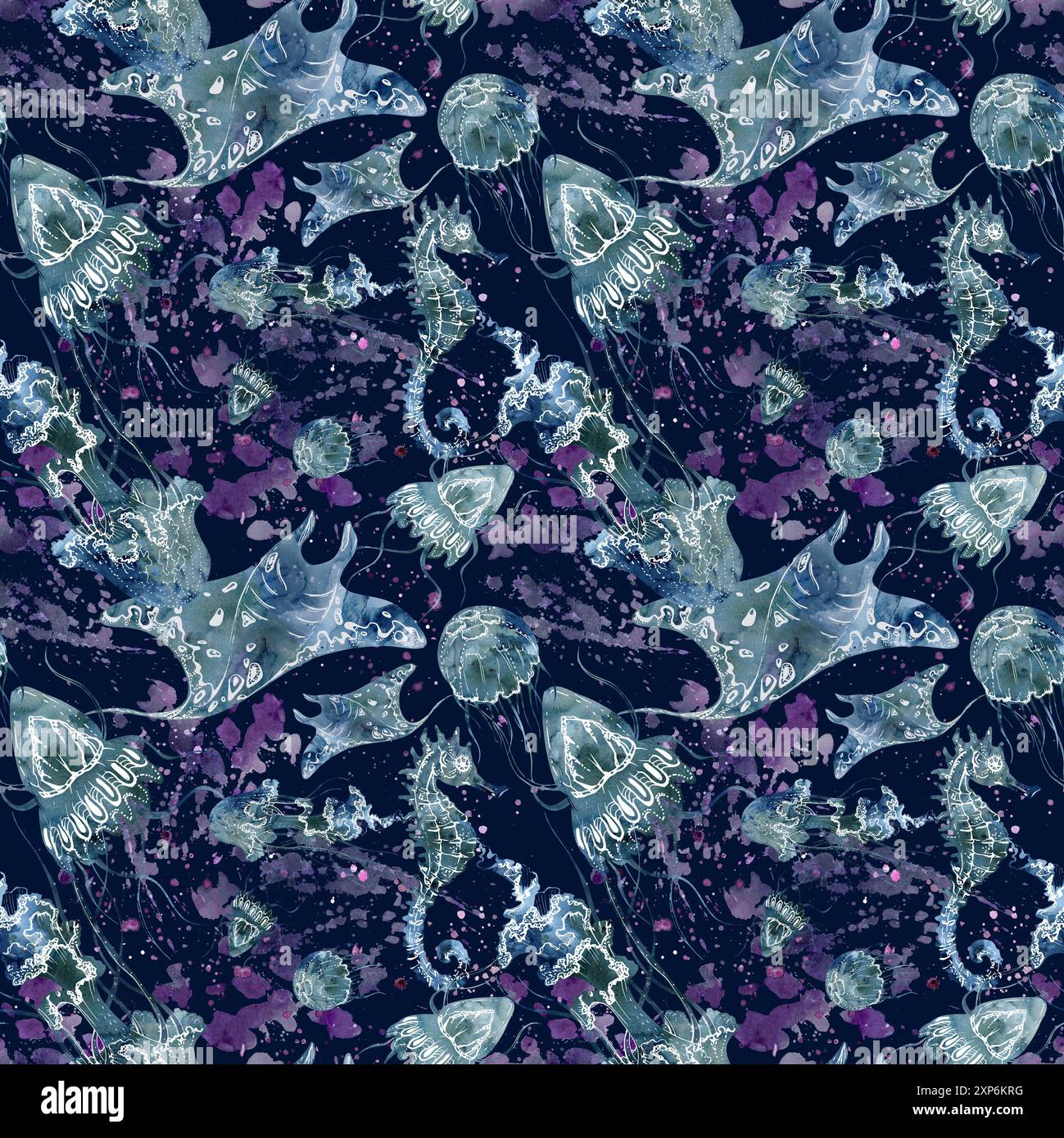 Watercolor and ink hand drawn marine life, sea ocean underwater ...