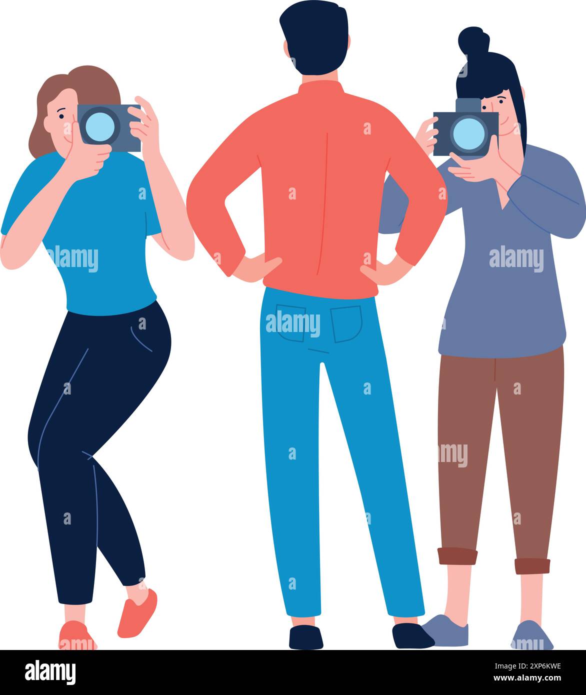 Reporters shooting man photos. Female professional photographers Stock ...