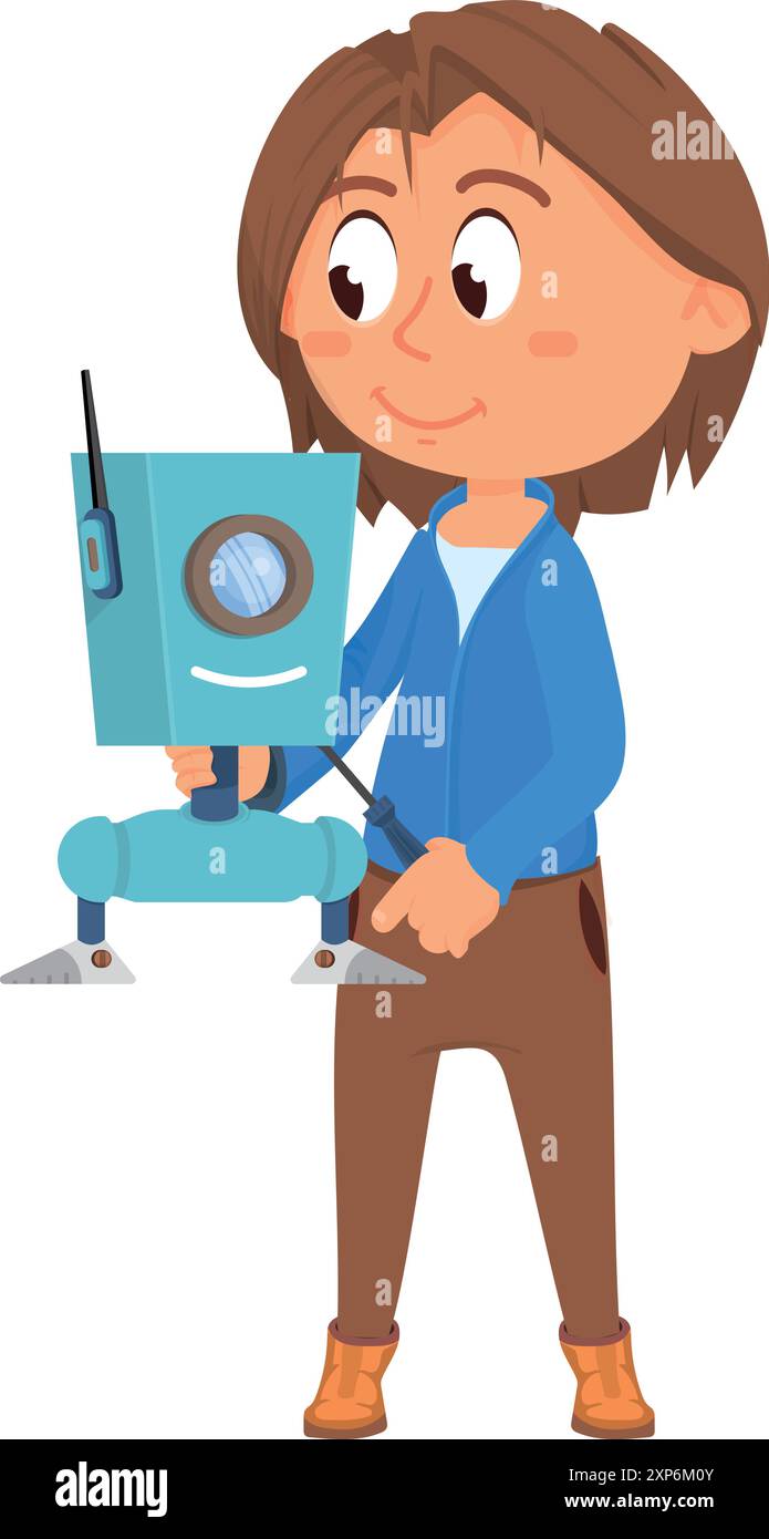 Cartoon boy hold robot. Kid play with mechanical futuristic machine ...