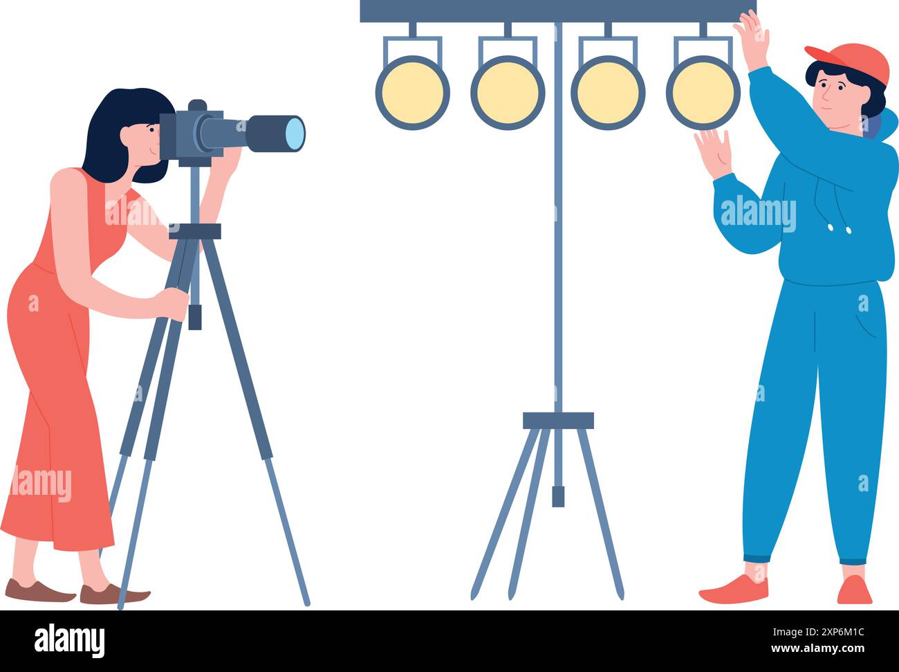Professional camera operator and scene light worker characters Stock ...