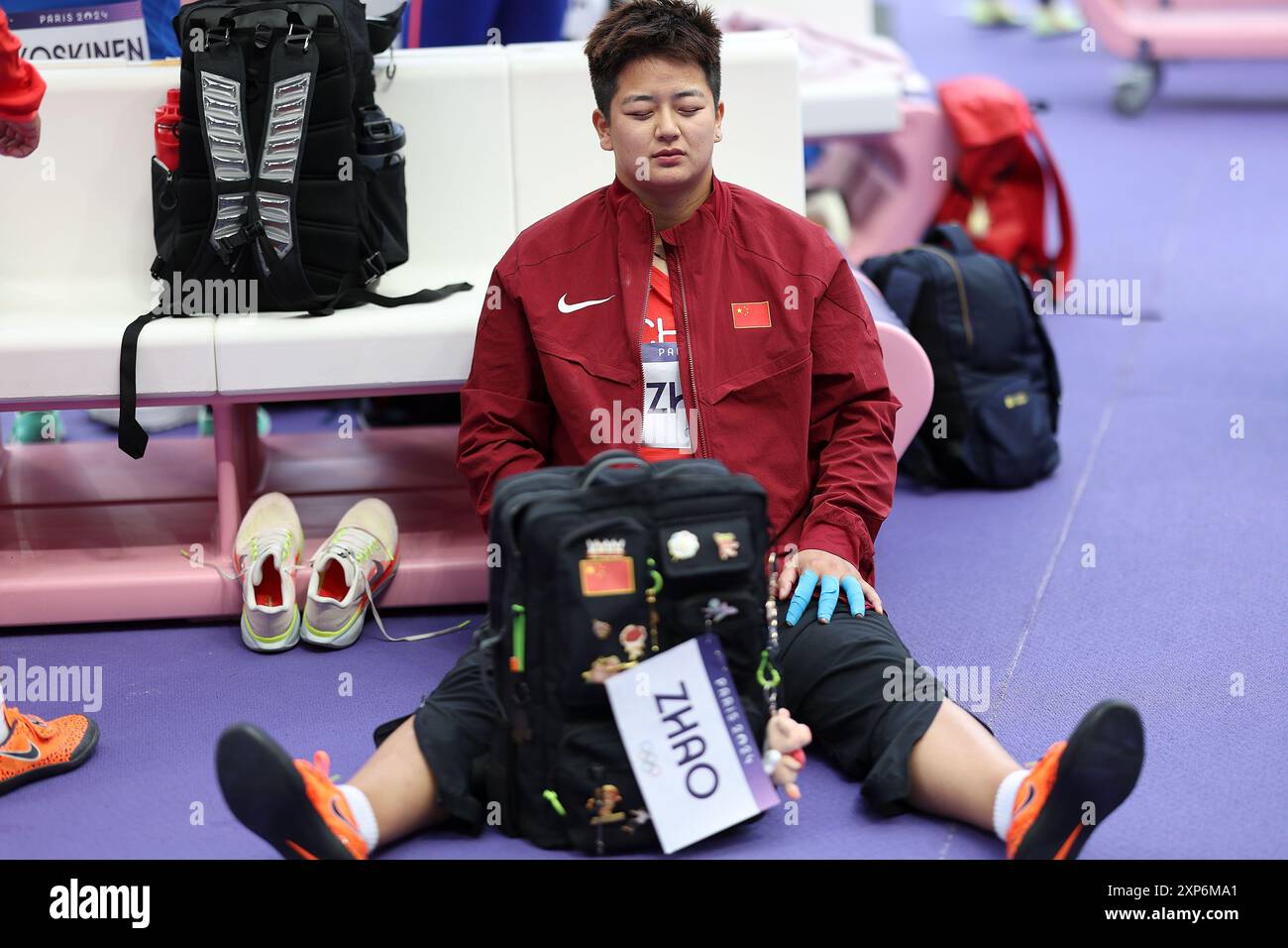 Paris, France. 4th Aug, 2024. Zhao Jie of China reacts before the women's hammer throw ...