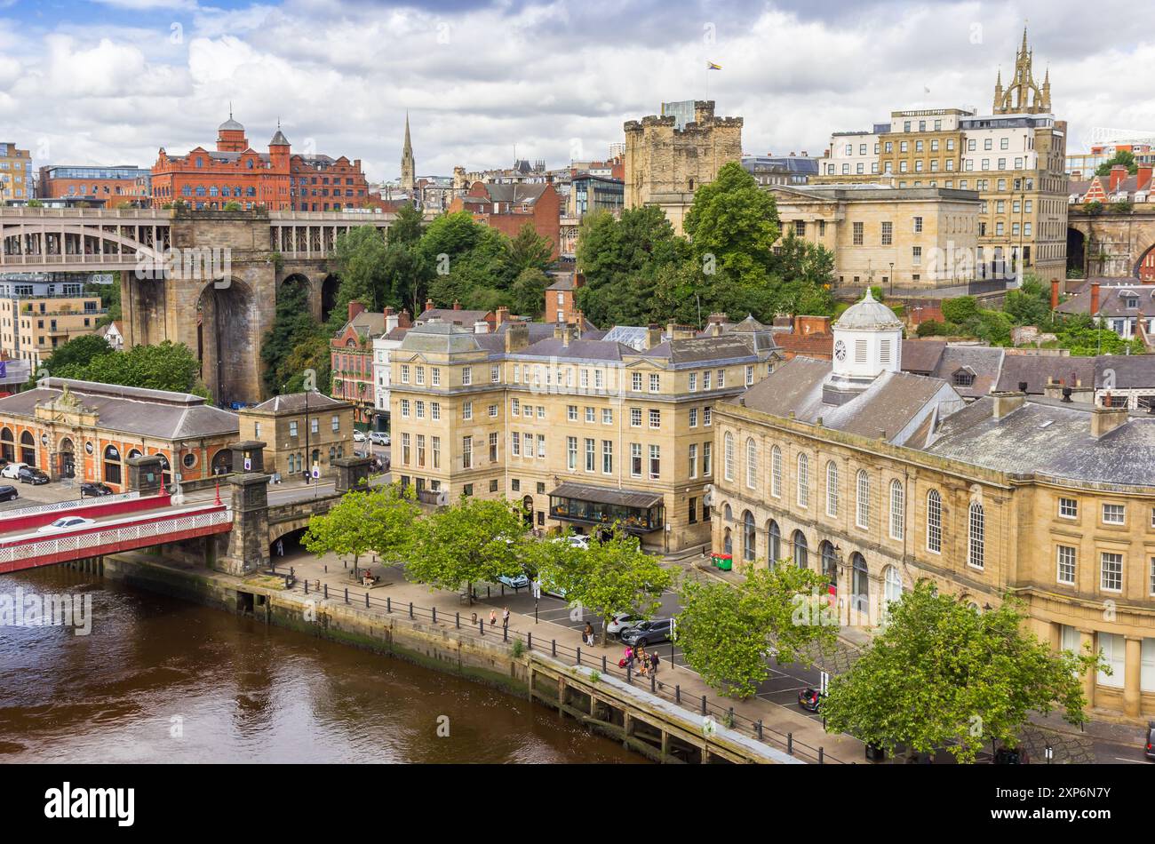 Aerial view over the historic center of Newcastle upon Tyne, England ...
