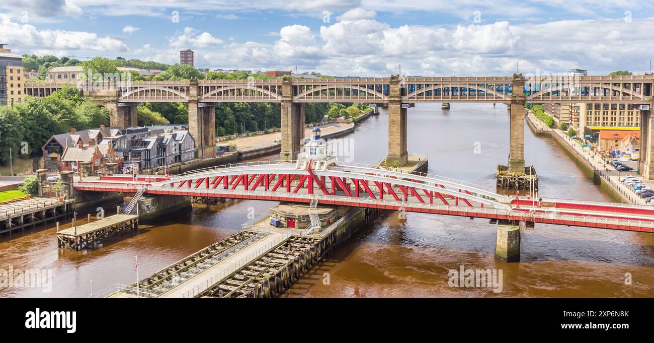 Panorama of the Swing bridge and High Level bridge in Newcastle upon ...