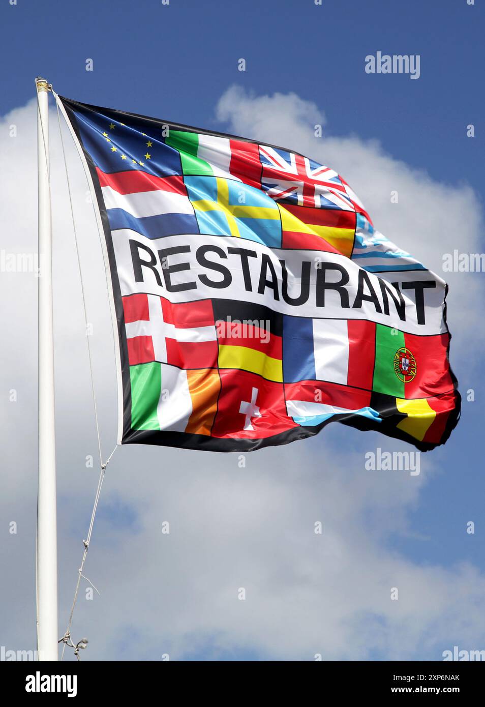 Restaurant flag.Restaurant banner.blue sky.European flag.EU.Europe ...