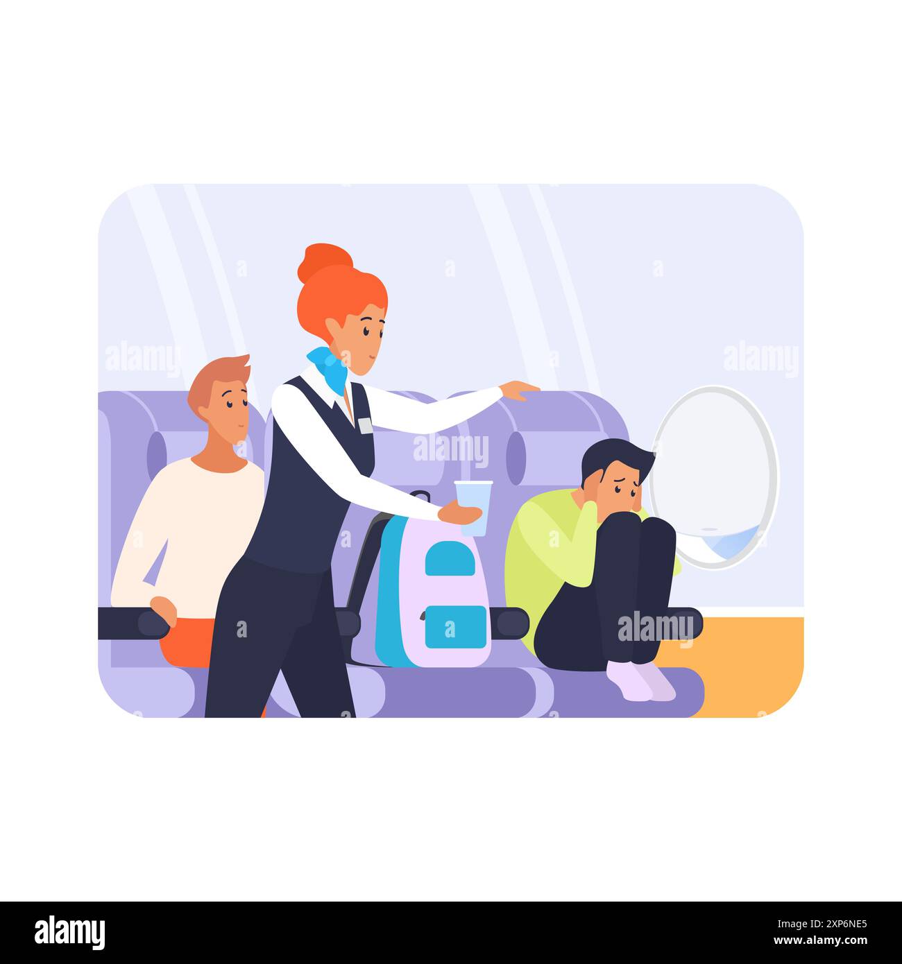 Stewardess giving glass of water to passenger with flight panic vector ...