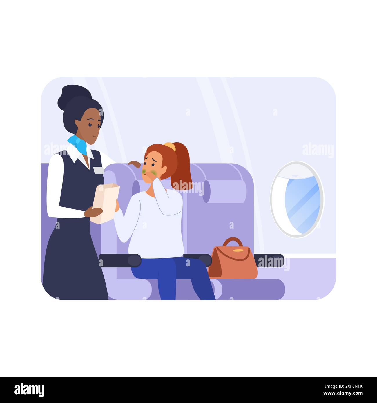 Flight attendant giving paper bag to woman with flight nausea vector ...